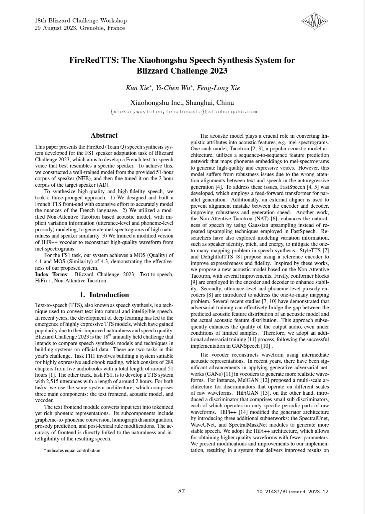 We rank 1st in Spoke task measursing speaker similarity at Blizzard Challenge 2023 | Academic